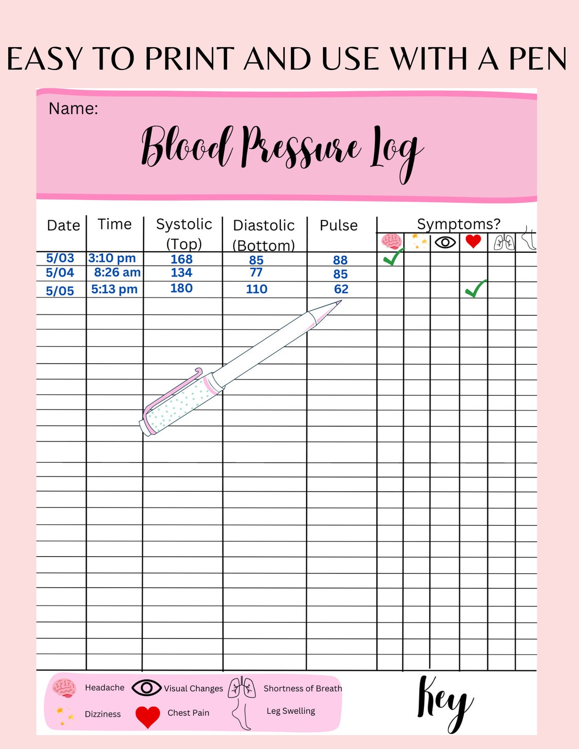 Printable Editable Blood Pressure Chart,symptomatic Blood Pressure ...