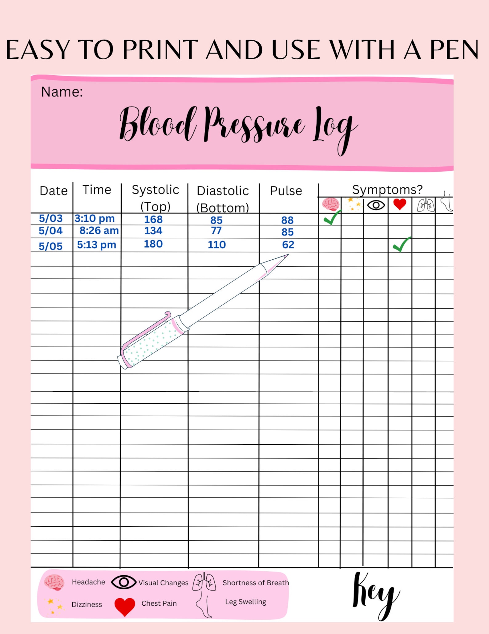 Printable Editable Blood Pressure Chart,symptomatic Blood Pressure ...