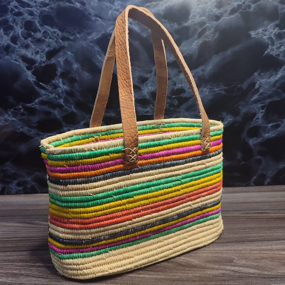 Handmade Wicker Basket Leather Handle, Wicker Basket, Colorful Straw ...