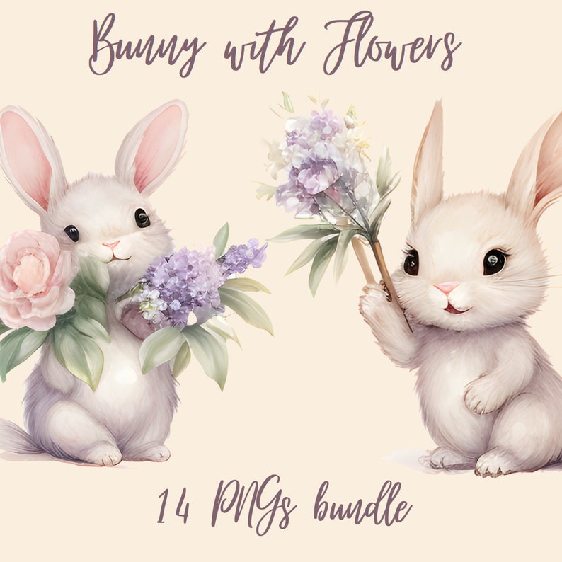 14 Bunnies With Flowers Pngs, Bunny Clipart, Cute Bunny,commercial Use ...