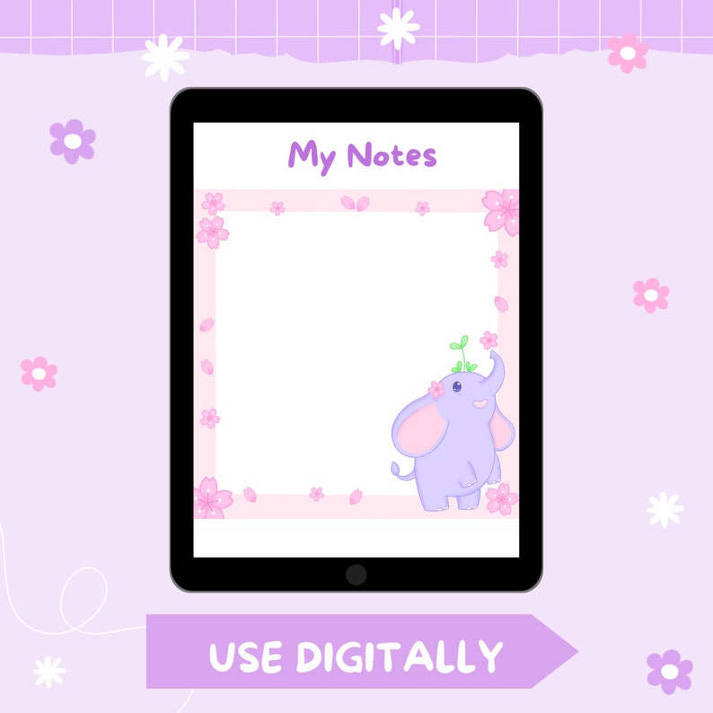 Spring Elephant Printable Notepad - Kawaii Memo Pad - Cute Digital ...