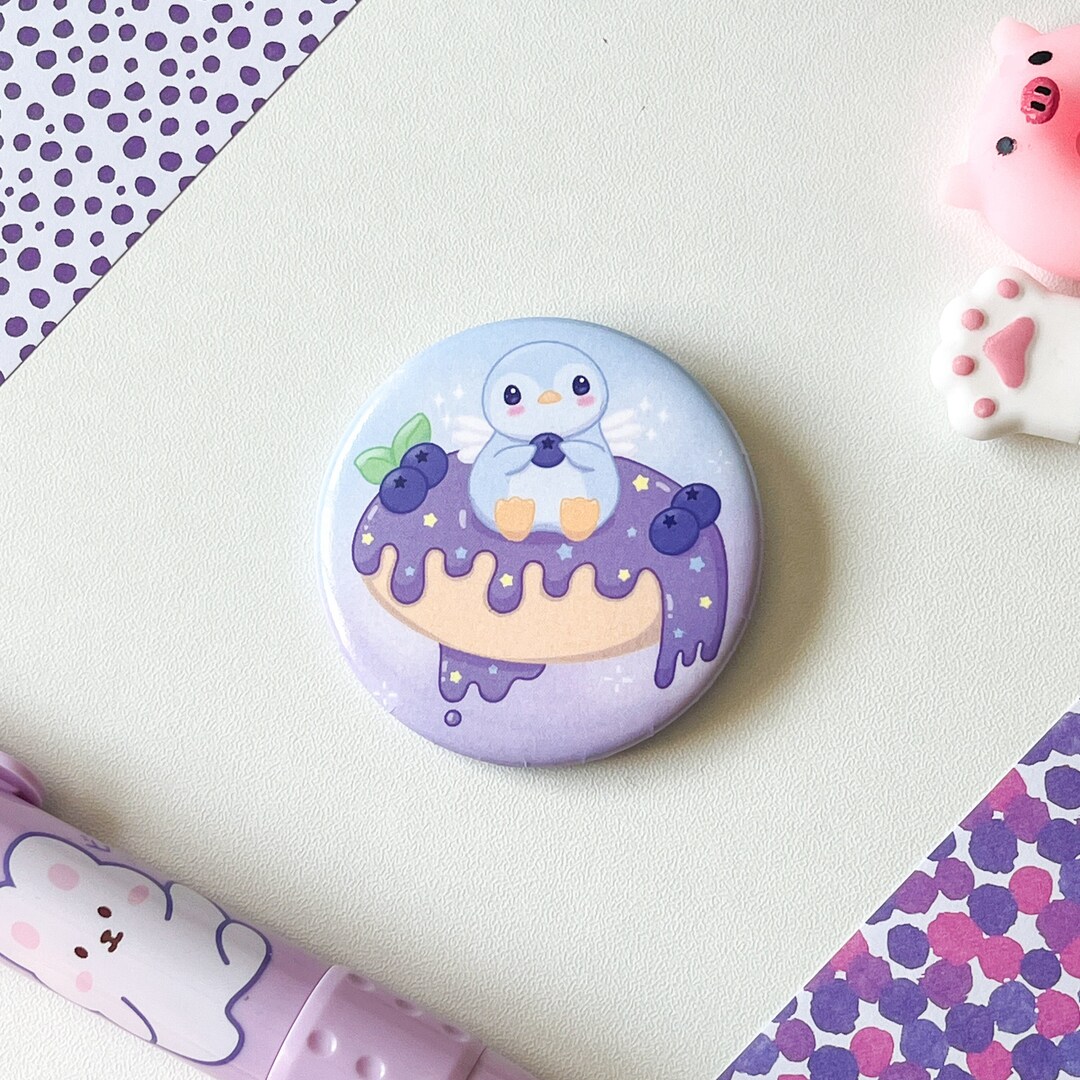 Penguin Badge, Blueberry Donut Button, Cute Ita Bag Pin, Pastel ...