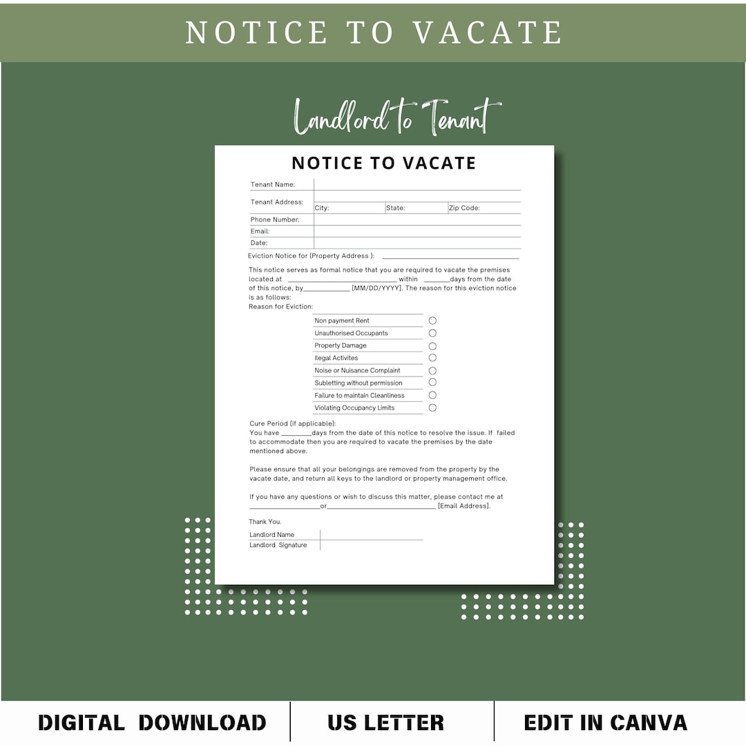 Printable Eviction Notice Template: Landlord Vacate Form (canva & PDF ...