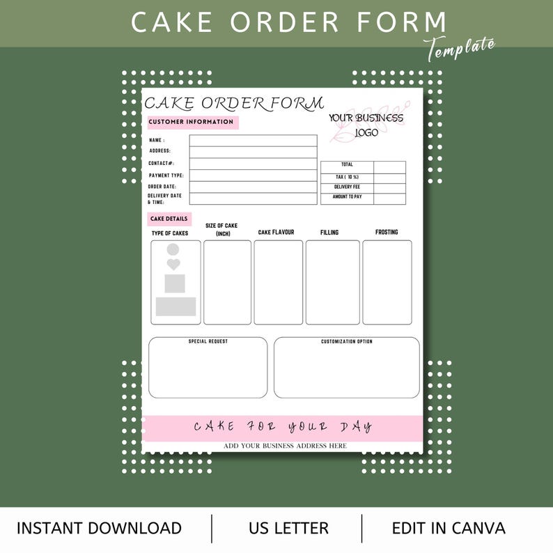 Editable Cake Order Form Template: Bakery Business Invoice (PDF ...