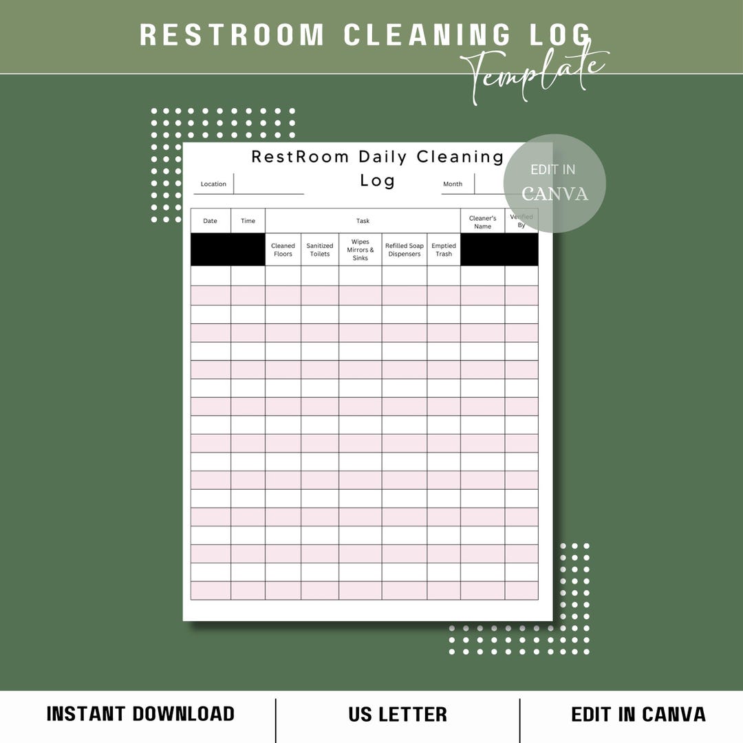 Restroom Cleaning Log, Bathroom Cleaning Log, Bathroom Checklist ...
