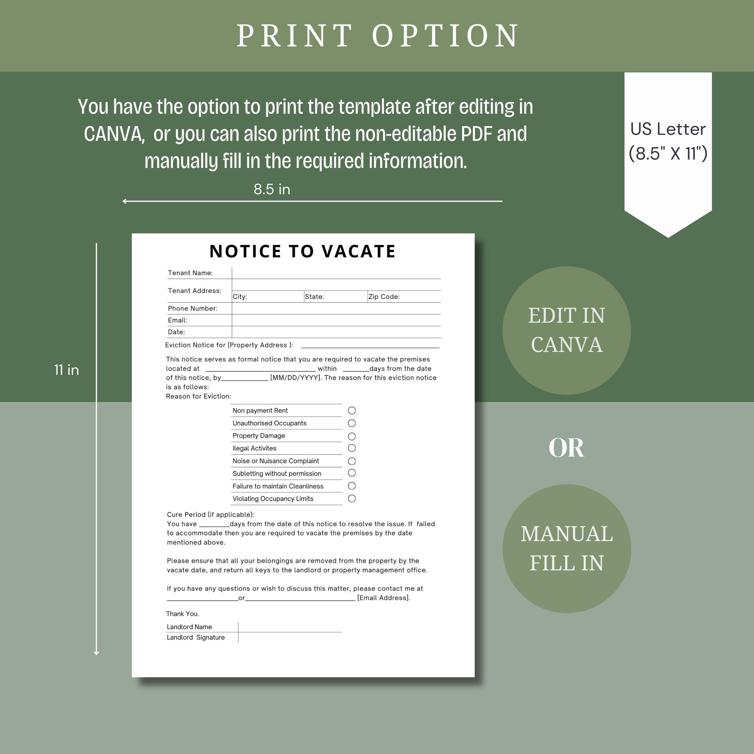 Notice to Vacate, Printable Eviction Notice, Move Out Notice, Notice to ...