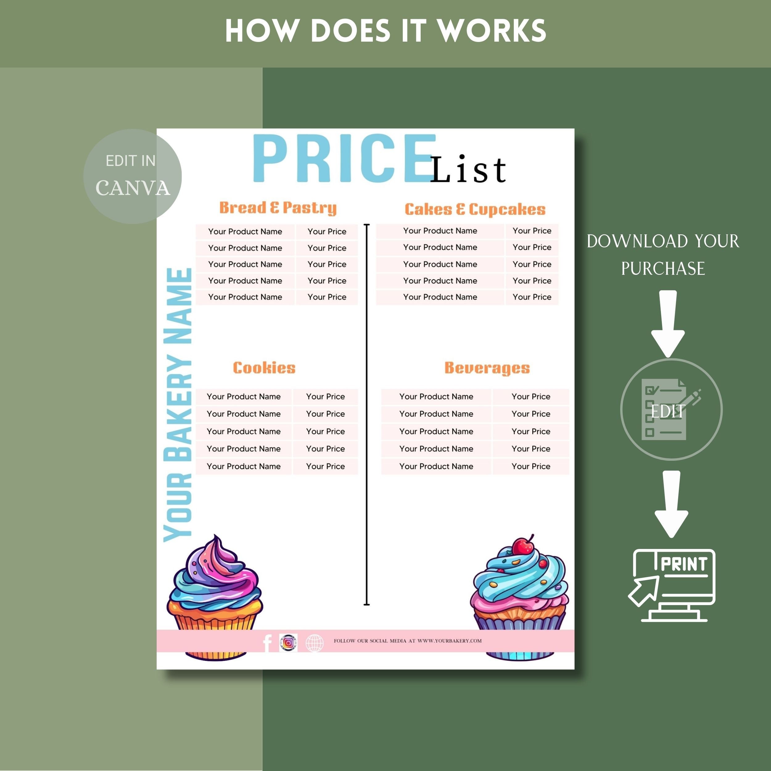 Cake Price List, Minimalist Price List, Bakery Menu Tempate, Bakery ...