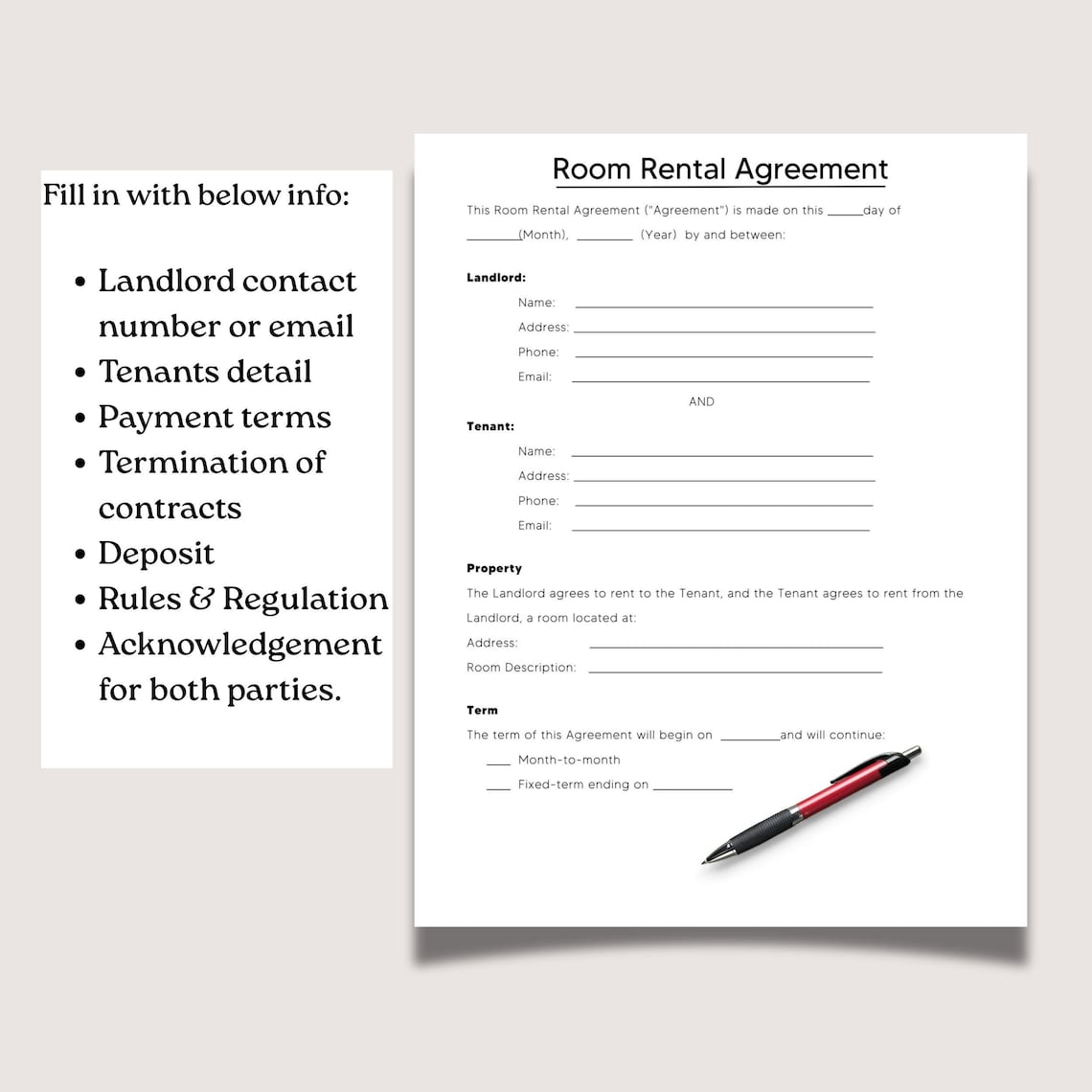 Room Rental Agreement Template: Editable Tenancy Contract (digital ...