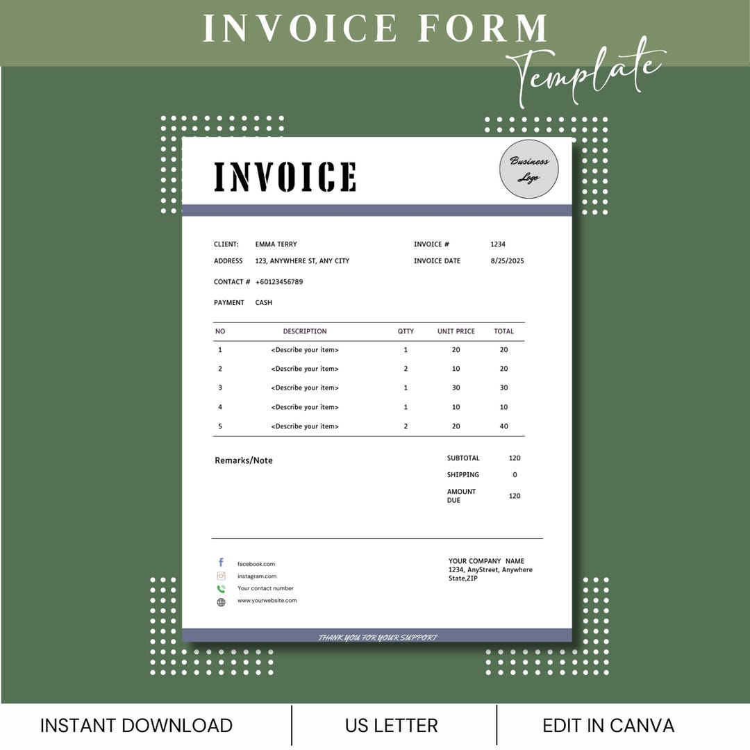 Invoice Template Editable,small Business, Custom Invoice Form Printable ...