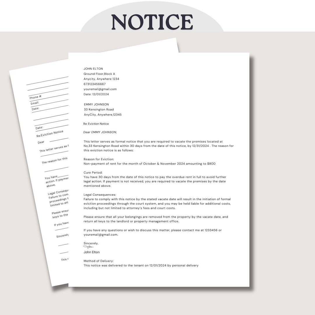 Editable Eviction Notice Template for Landlords (digital Download, A4 ...