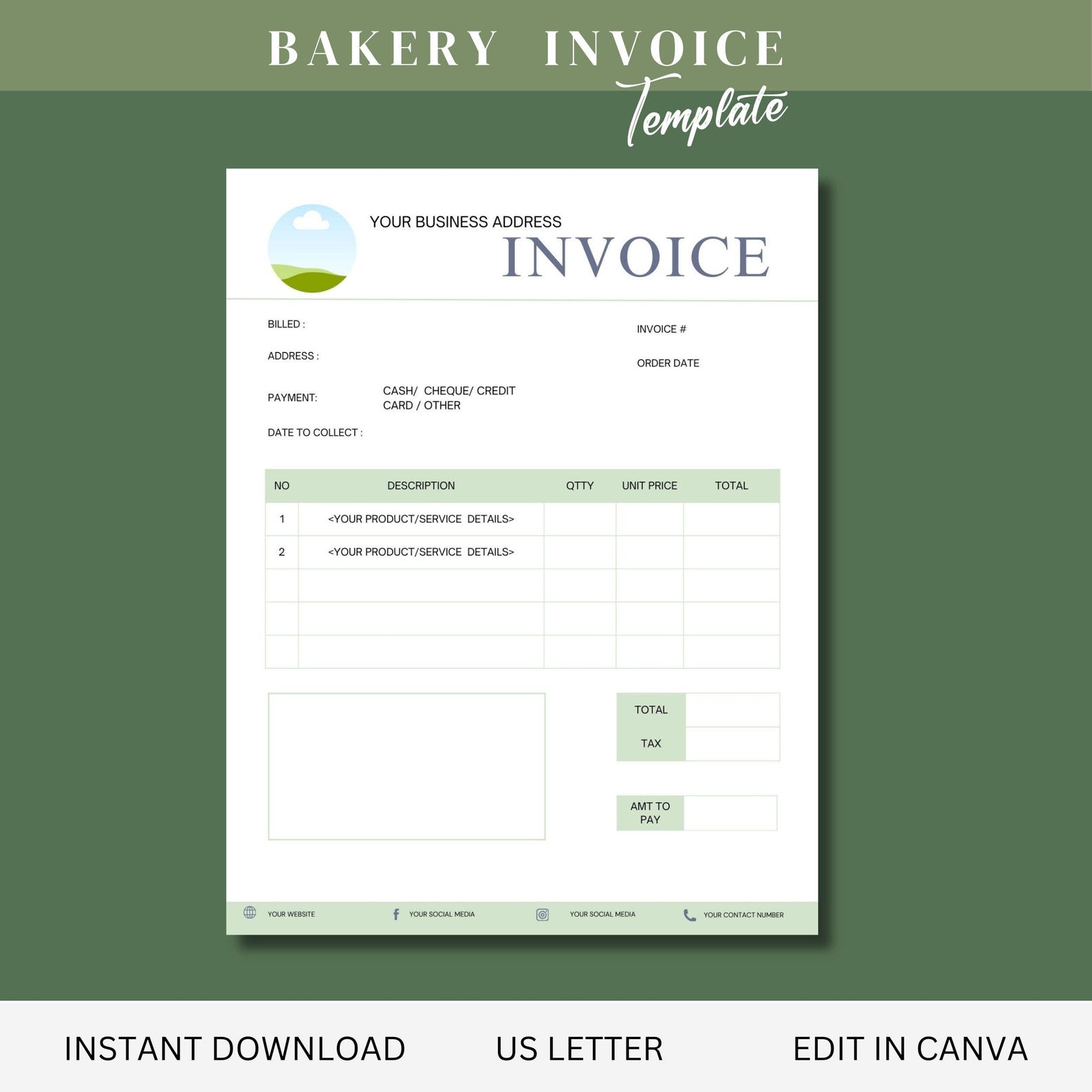 Invoice Template Editable,bakery Invoice, Custom Invoice Form Printable ...