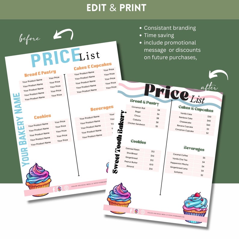 Cake Price List, Minimalist Price List, Bakery Menu Tempate, Bakery ...