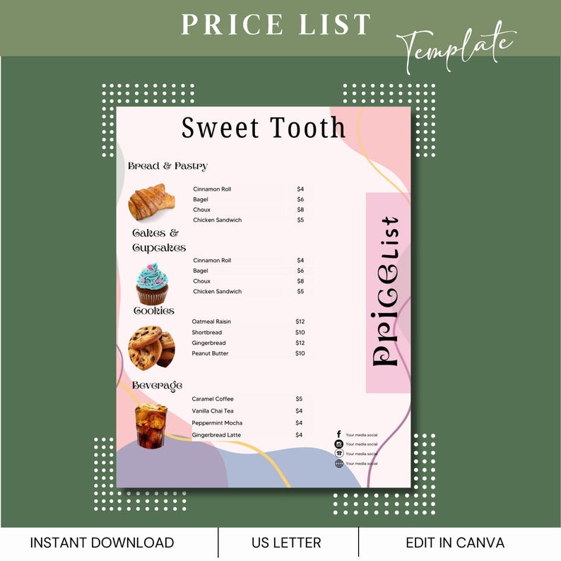 Cake Price List, Minimalist Price List, Bakery Menu Template, Bakery ...