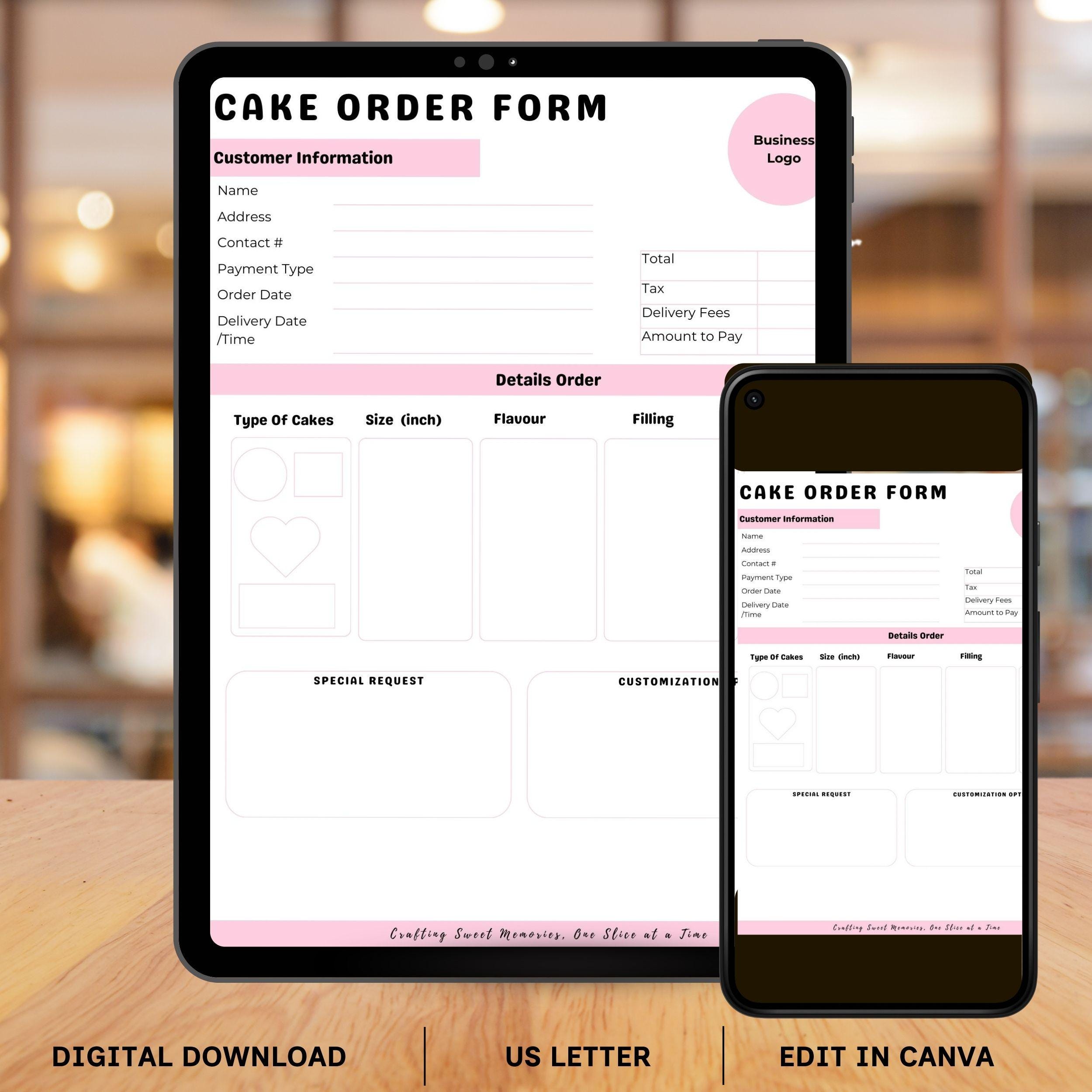 Editable Cake Order Form Template: Bakery Business Invoice (PDF ...