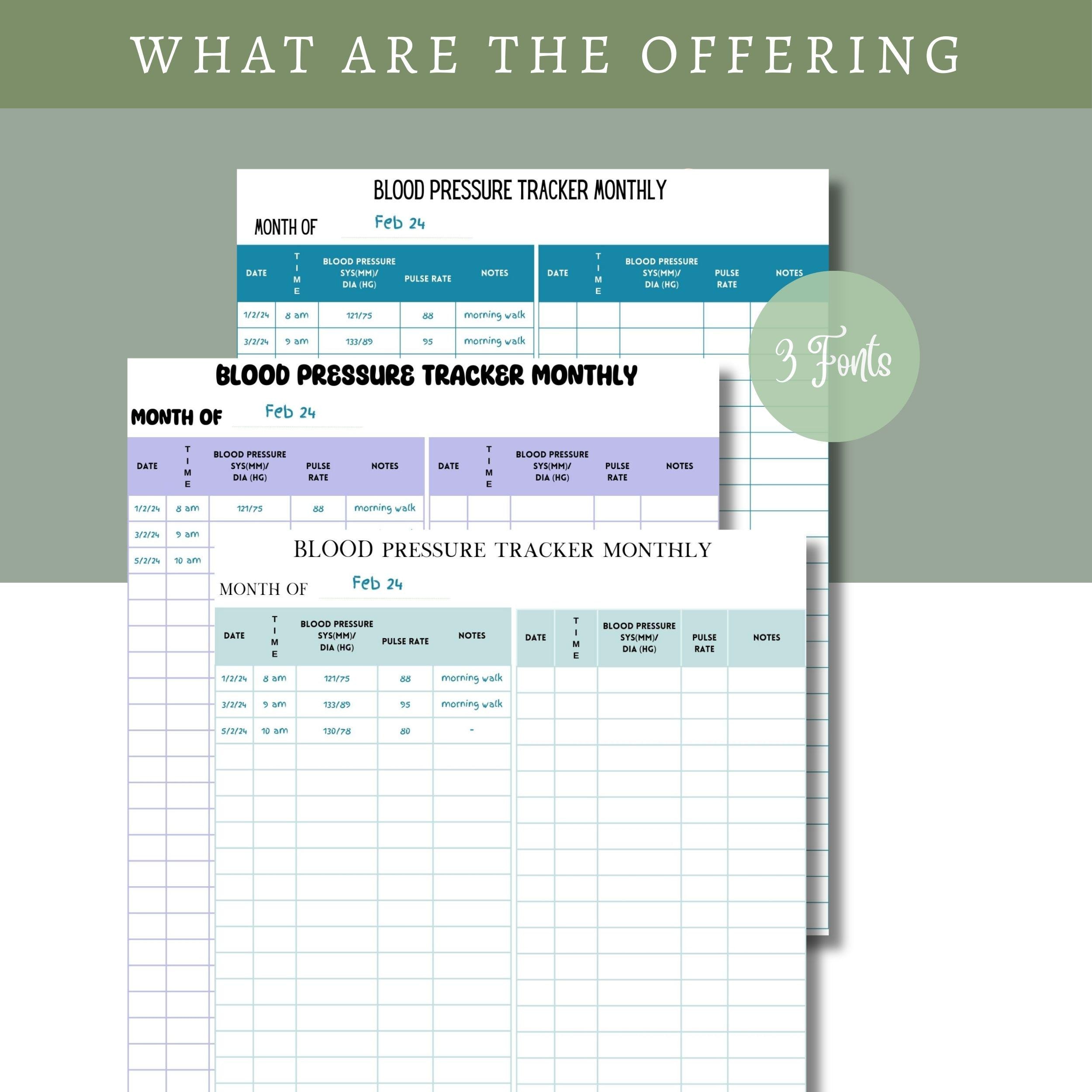 Blood Pressure Log, Printable Tracker Monthly Blood Pressure Chart ...