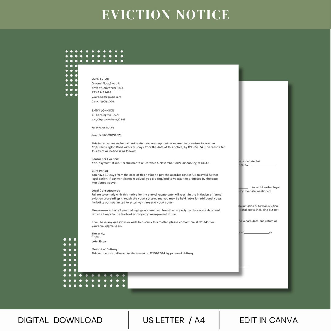 Editable Eviction Notice Template for Landlords (digital Download, A4 ...