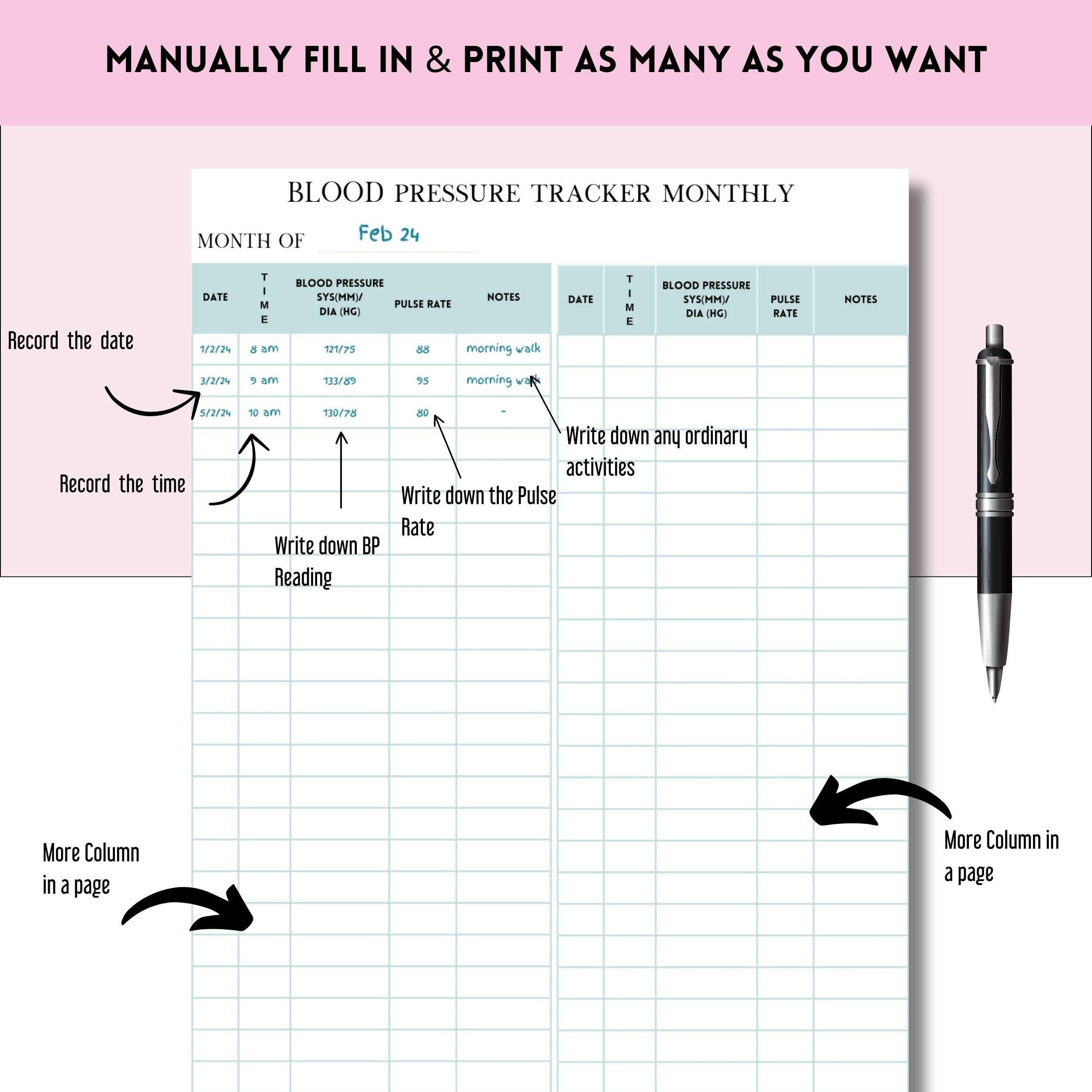 Blood Pressure Log Printable Tracker Monthly Blood Pressure Chart ...