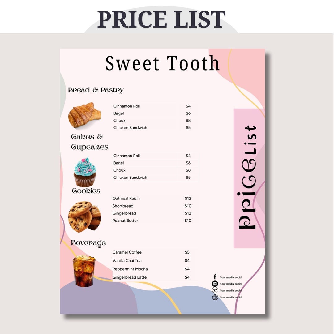 Bakery Price List Template, Editable Menu (PDF) - Etsy UK