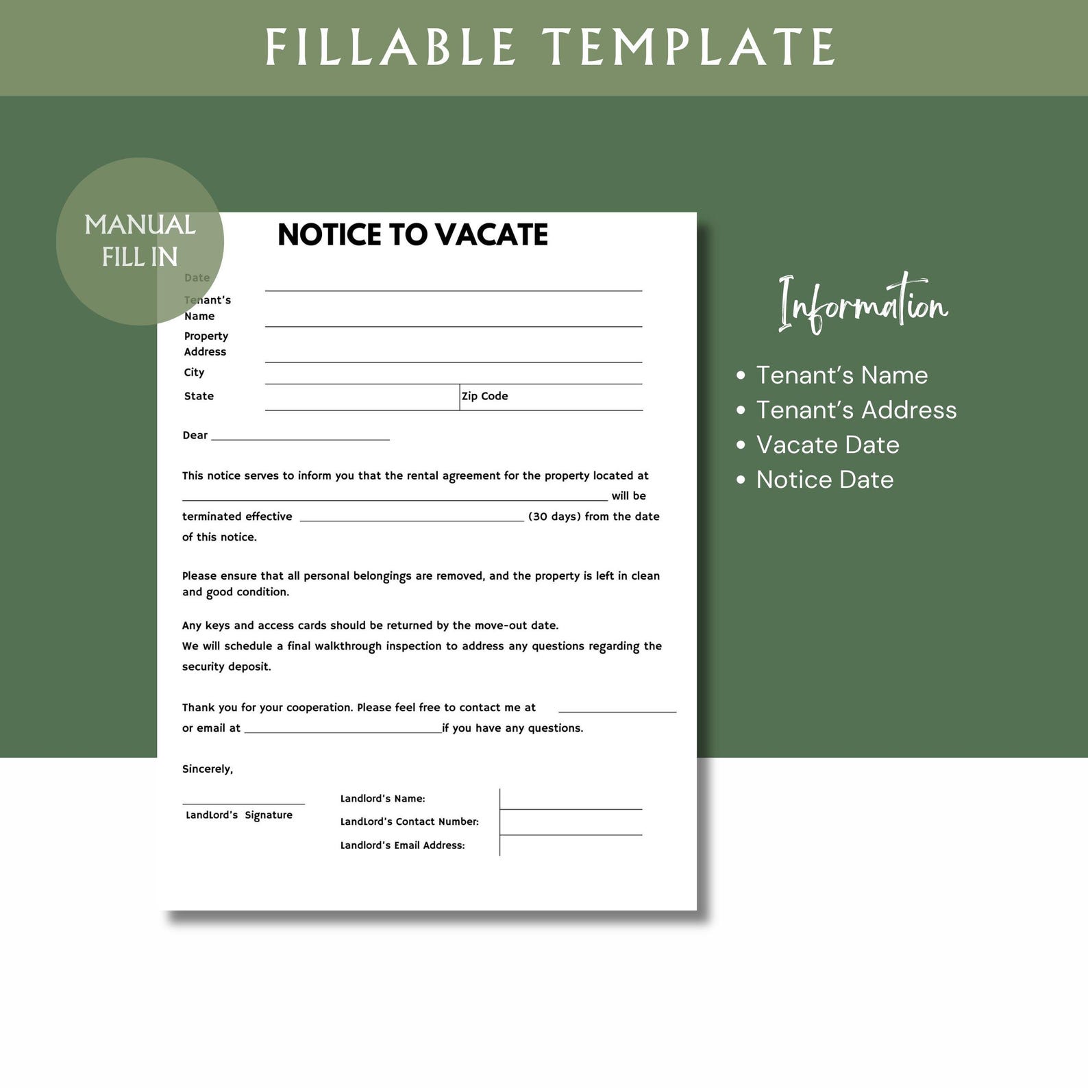 Notice to Vacate, Printable Eviction Notice, Move Out Notice, Eviction ...