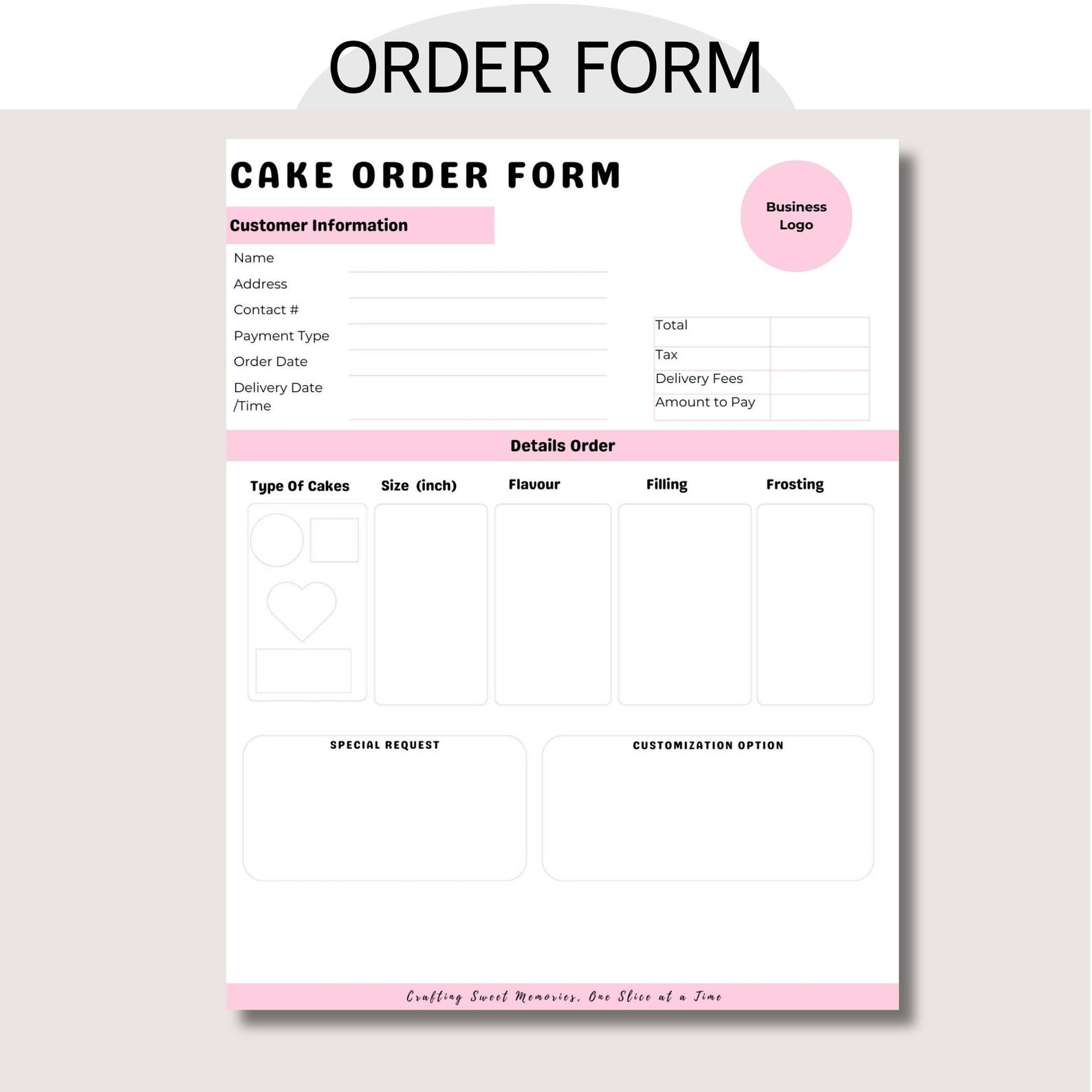 Editable Cake Order Form Template: Bakery Business Invoice (PDF ...