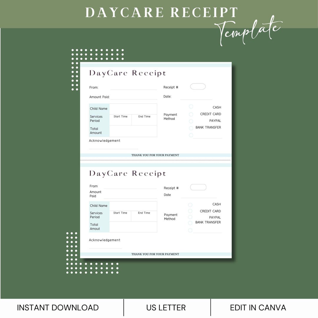 Daycare Receipt, Daycare Invoice, Childcare Receipt, Printable Receipt ...