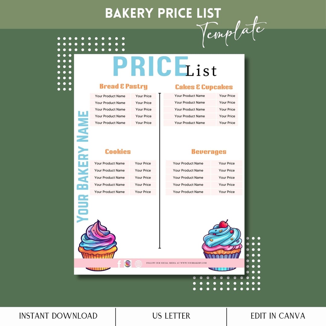 Cake Price List, Minimalist Price List, Bakery Menu Tempate, Bakery ...