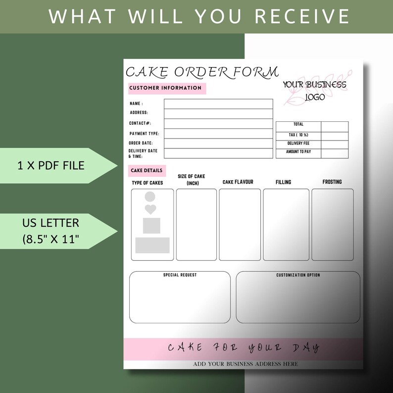 Printable Cake Order Sheet, Bakery Order Form, Cake Order Book Template ...