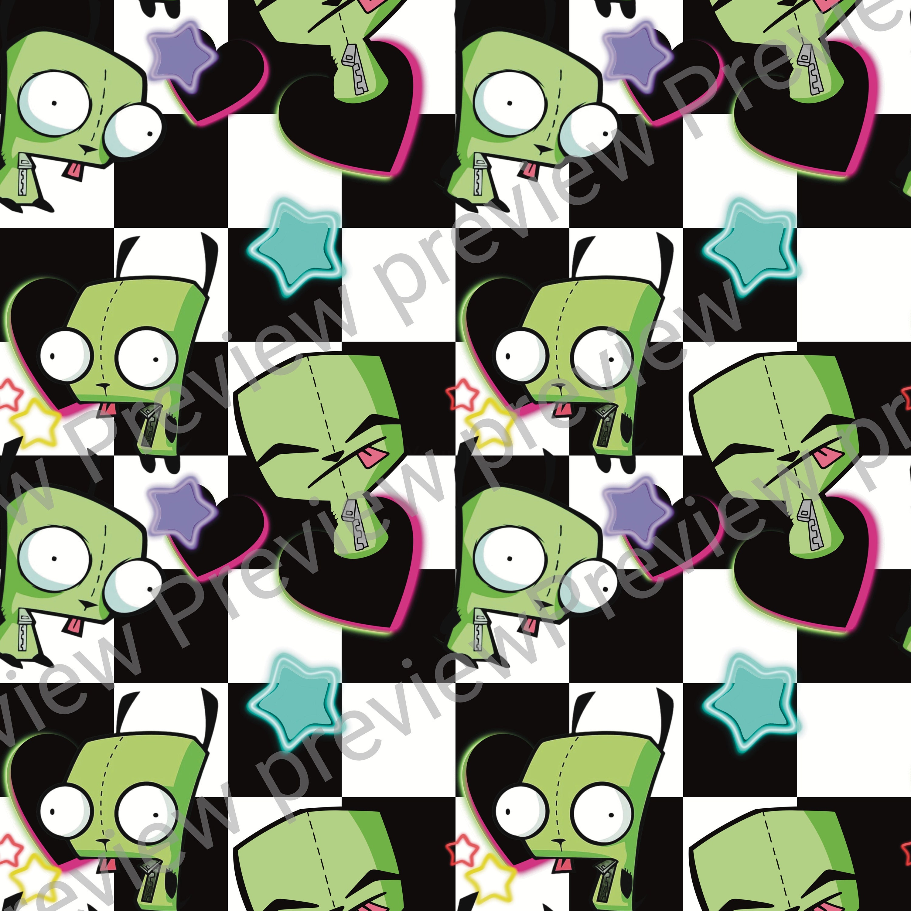 Gir Invader Zim Checkerboard Seamless Pattern W/ Hearts & Stars black ...