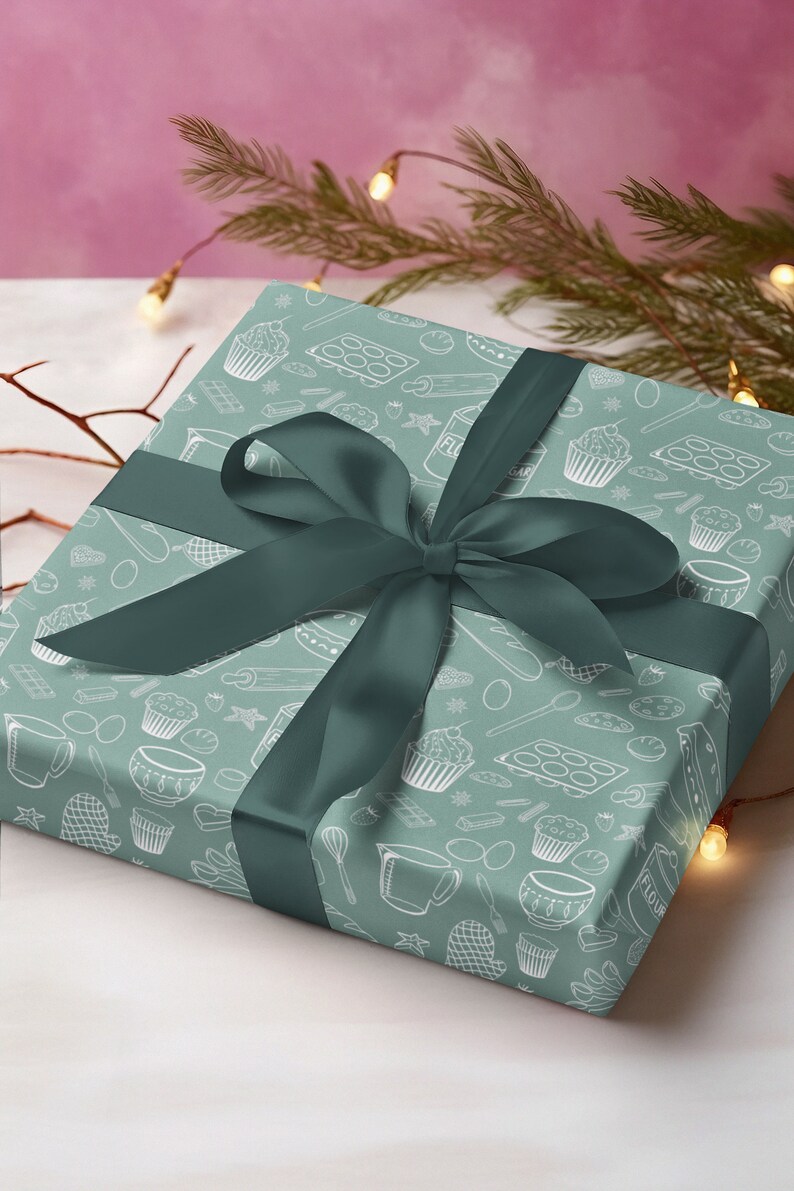 Baking Line Art Wrapping Paper, Baker Gift, Holiday Bakery Gift Wrap ...
