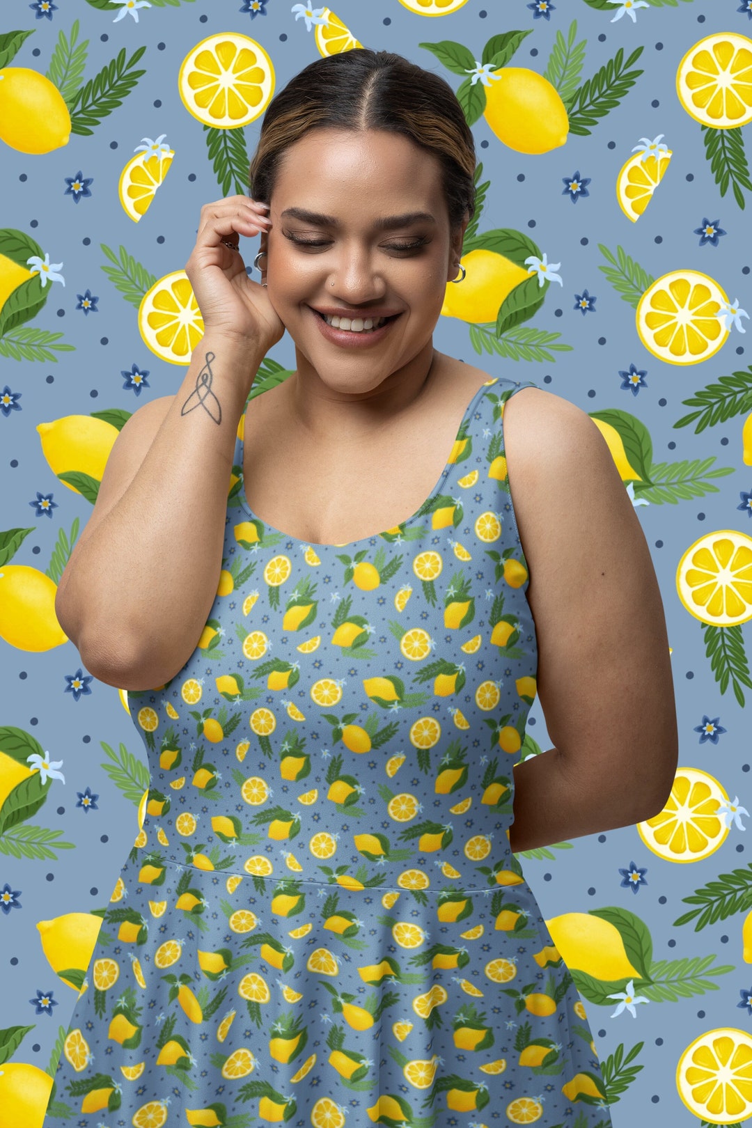 Blue Lemon Sundress for Spring, Sleeveless Lemonade Summer Dress ...