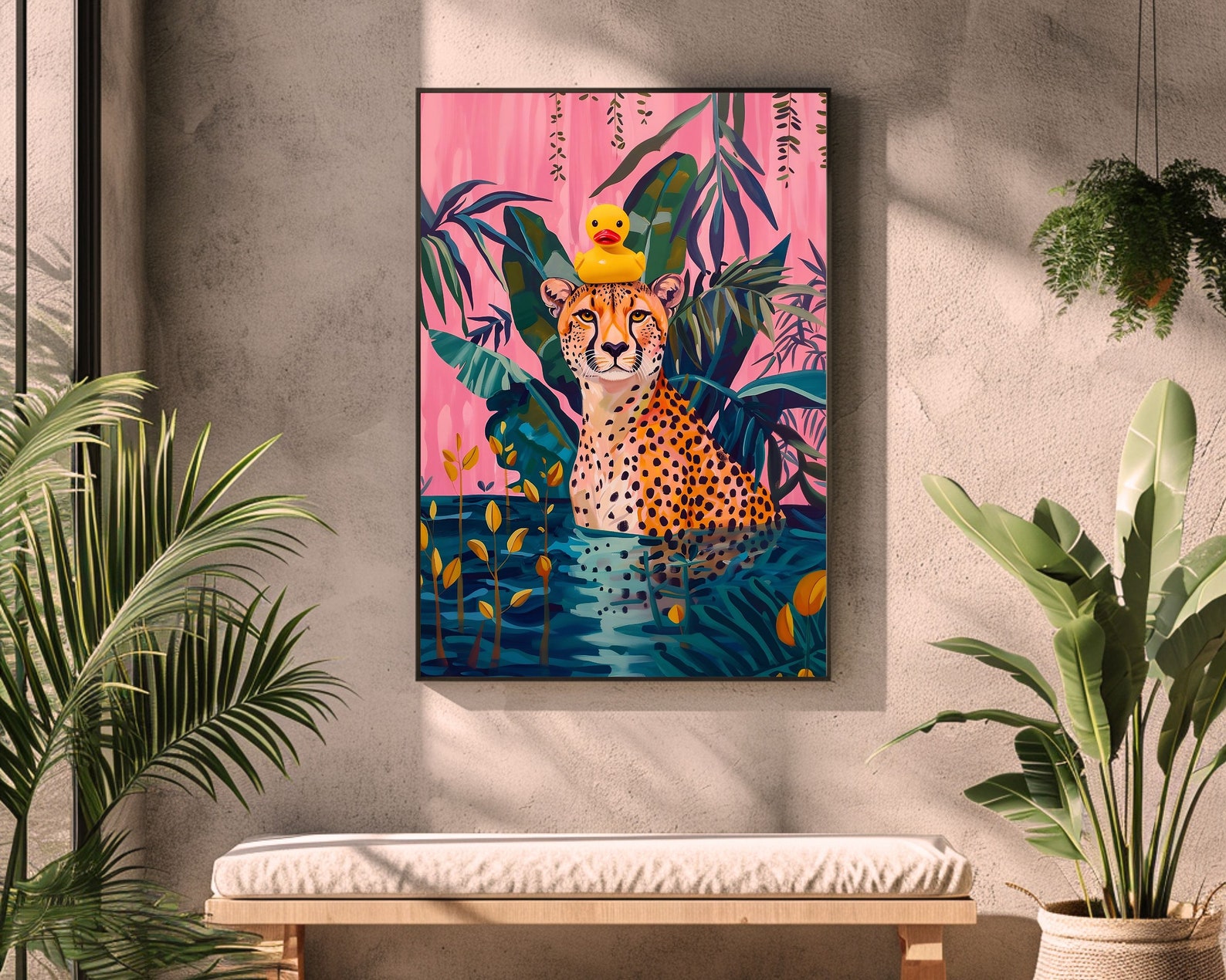 Cheetah in Bath | Rubber Duck Orange Pink Bathroom Print, Maximalist ...