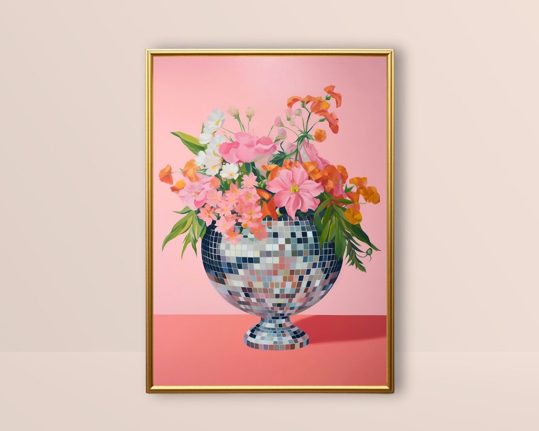 Disco Ball Flower Vase | Preppy Wall Art, Pink Mirror Ball Poster ...