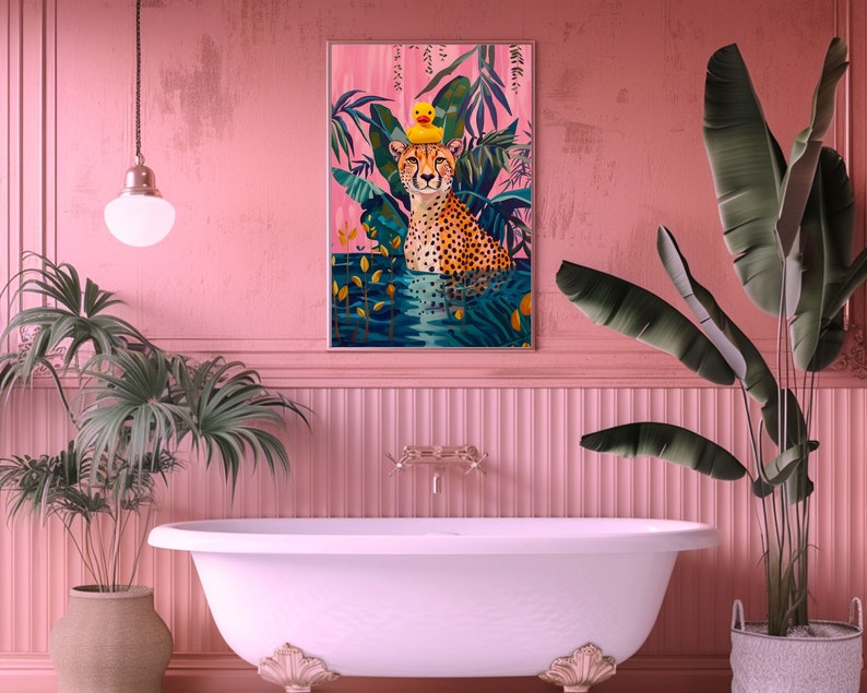 Cheetah in Bath | Rubber Duck Orange Pink Bathroom Print, Maximalist ...
