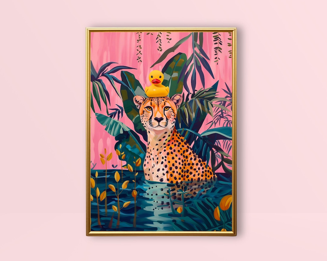 Cheetah in Bath | Rubber Duck Orange Pink Bathroom Print, Maximalist ...