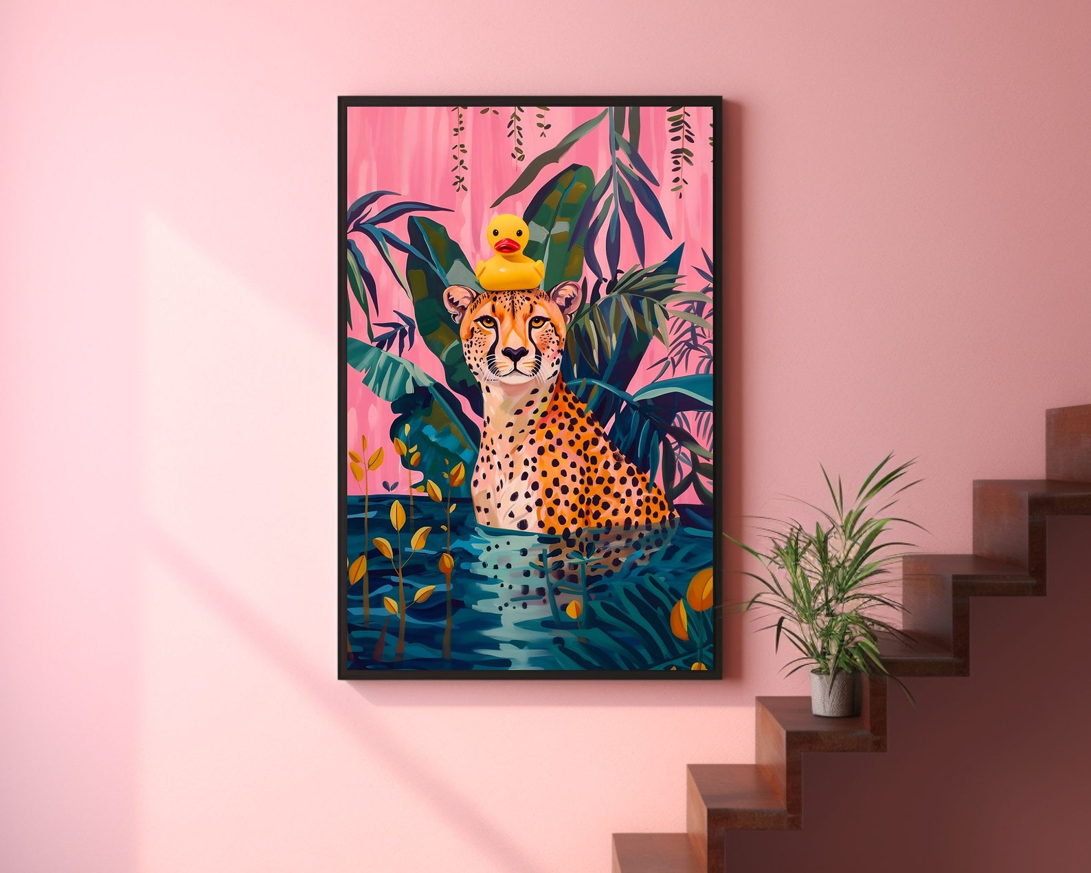 Cheetah in Bath | Rubber Duck Orange Pink Bathroom Print, Maximalist ...