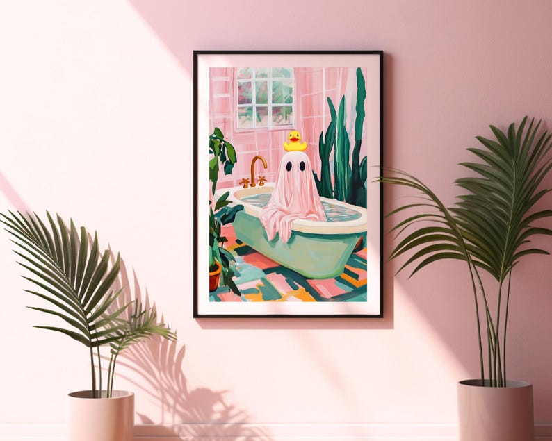 Ghost in Bathtub Pink Bathroom Wall Art, Rubber Duck Print, Halloween ...