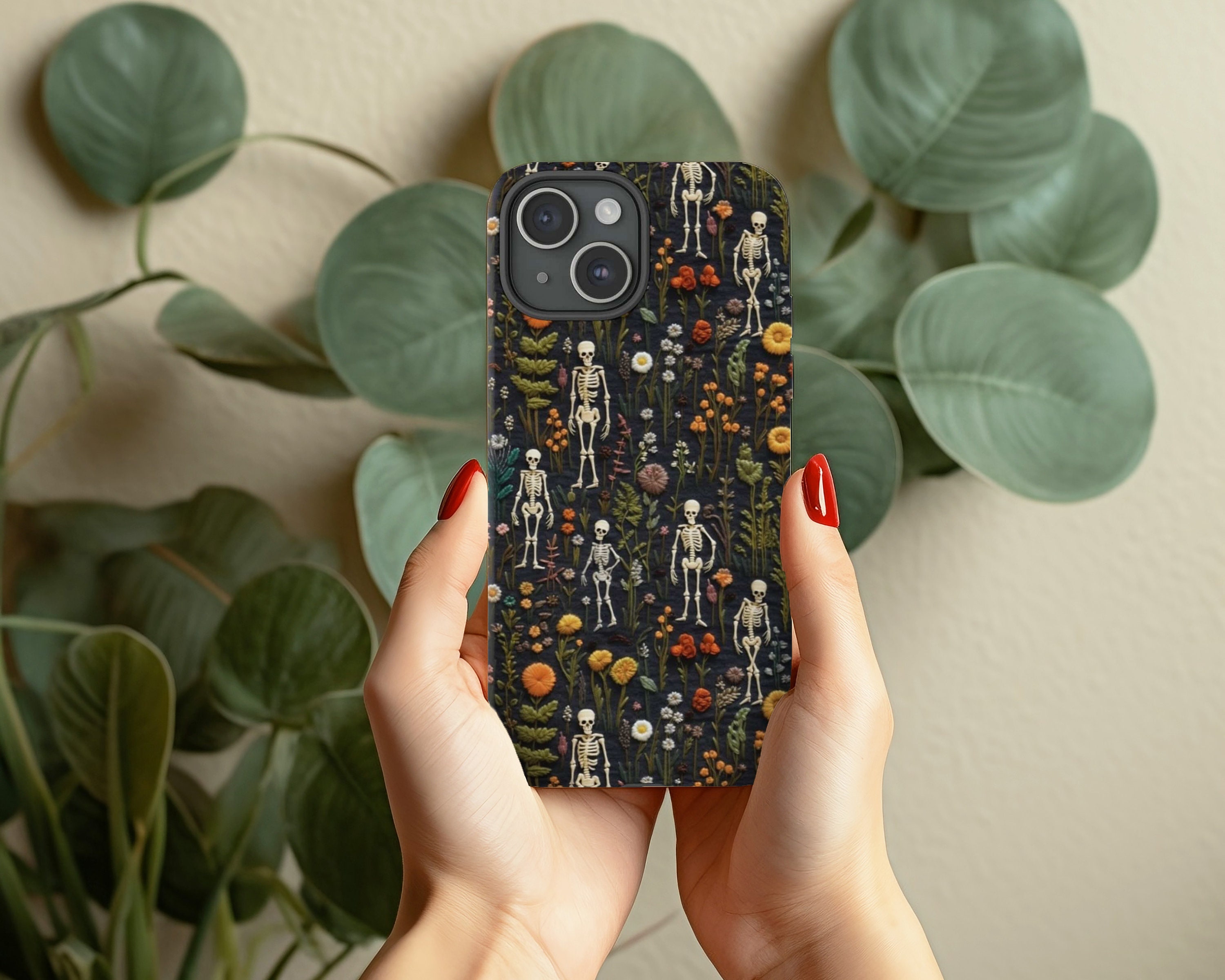 Mini Skeletons in Mystique Garden Phone Case | 3D Embroidery Dark ...