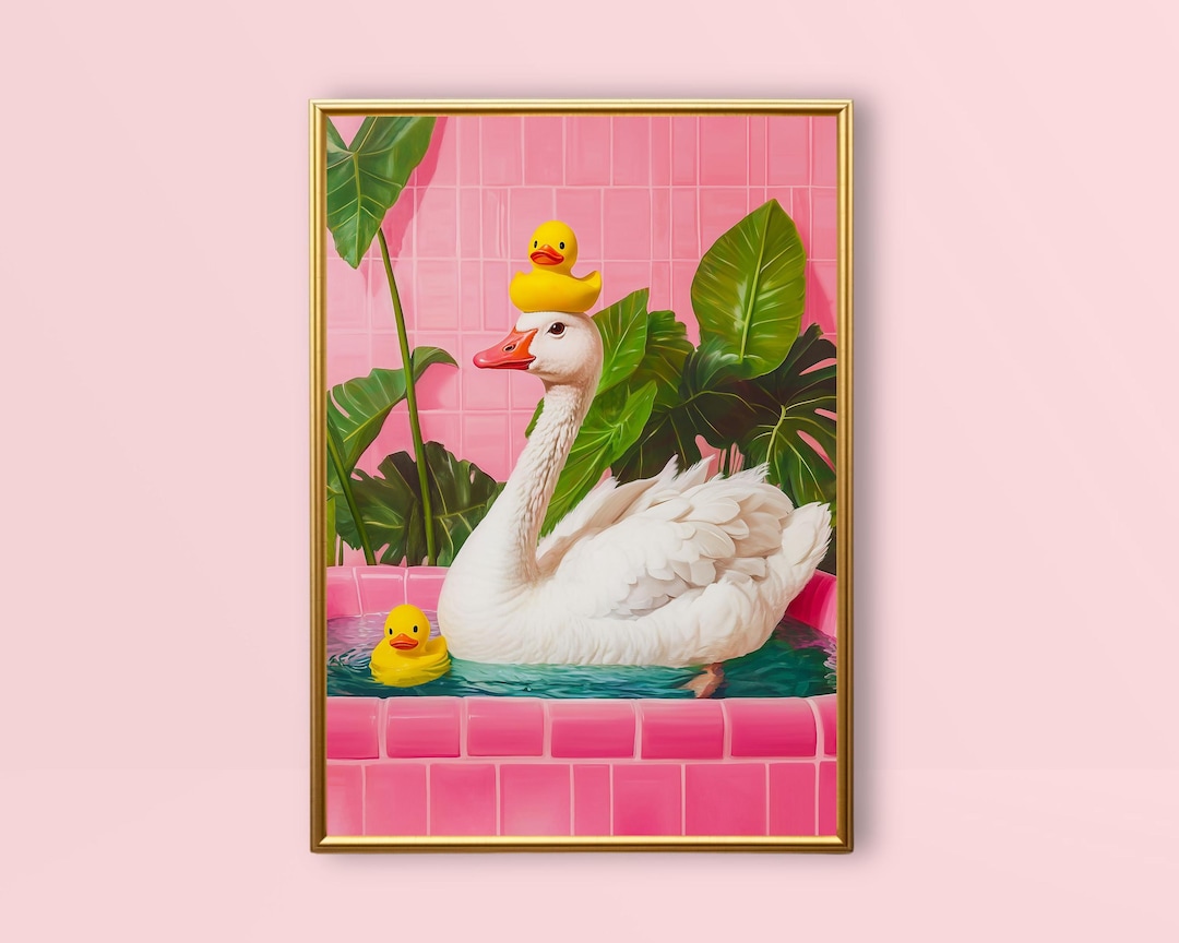 Duck in Bathtub | Pink Bathroom Wall Art, Rubber Ducky Print ...