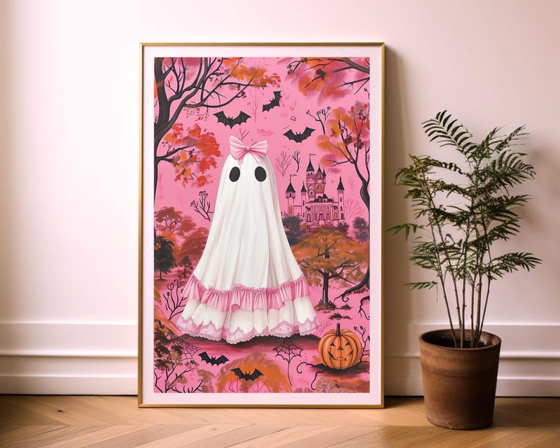 Coquette Ghost | Pink Halloween Wall Art, Pink Bow Ghost Print, Cute ...