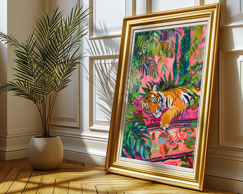 Sleeping Tiger Maximalist Wall Art, Dopamine Decor, Orange Pink Preppy ...