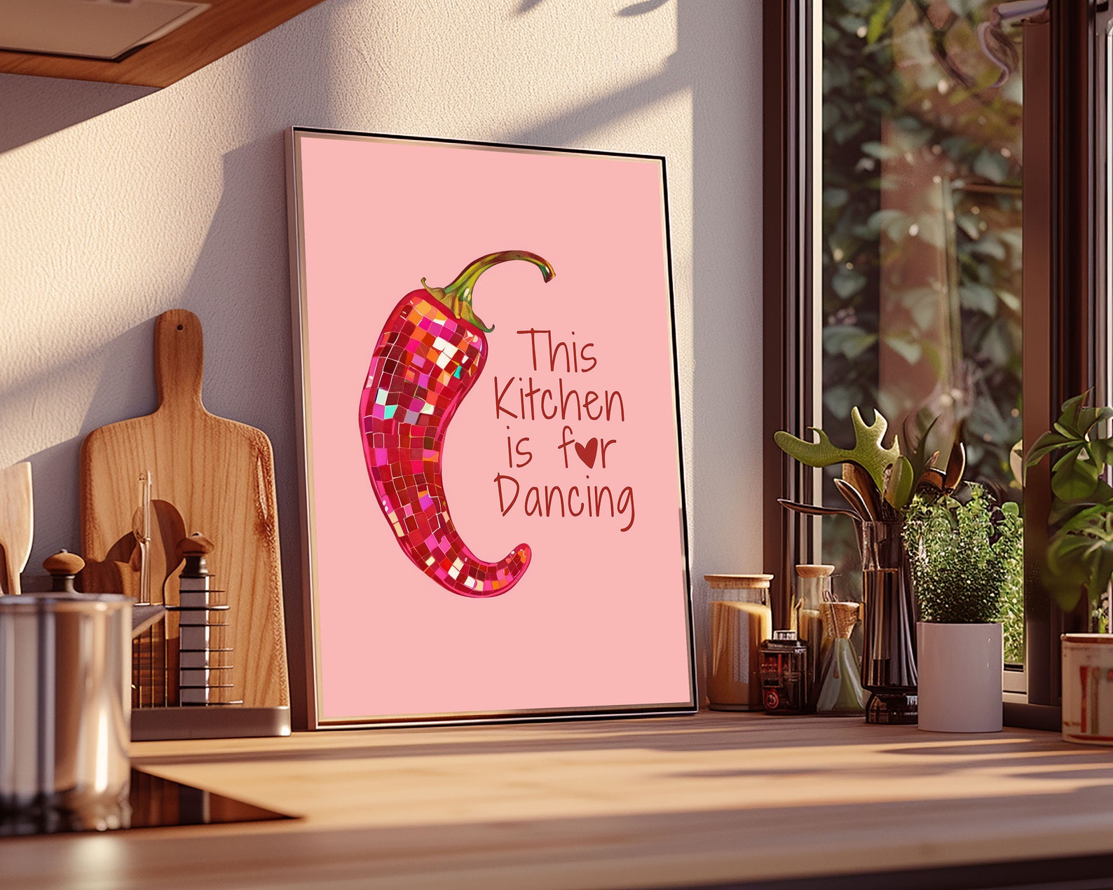 Disco Ball Chilli This Kitchen is for Dancing Print, Retro Food Wall ...