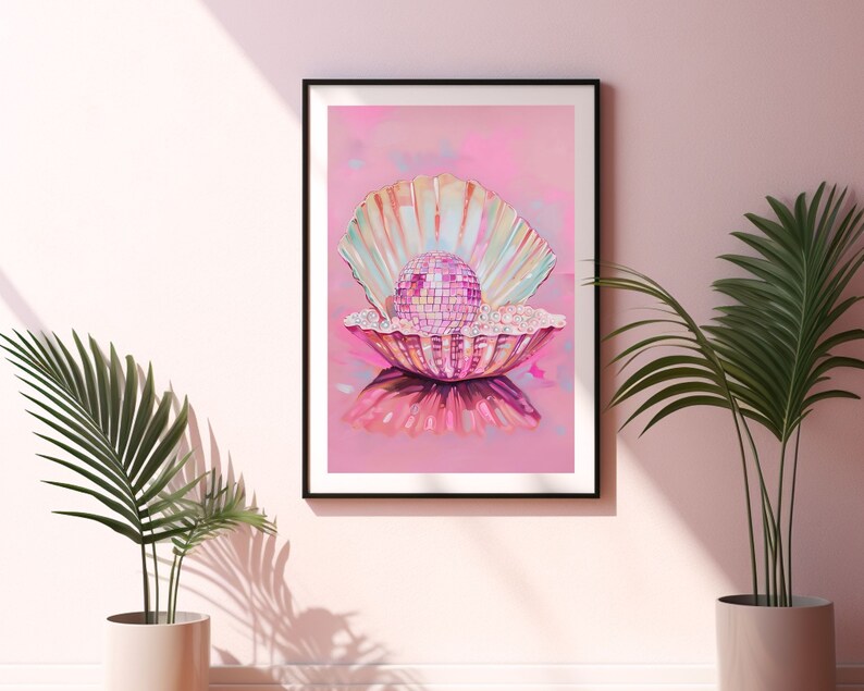 Seashell Disco Ball Beachy Room Decor, Coastal Painting, Pink Preppy ...