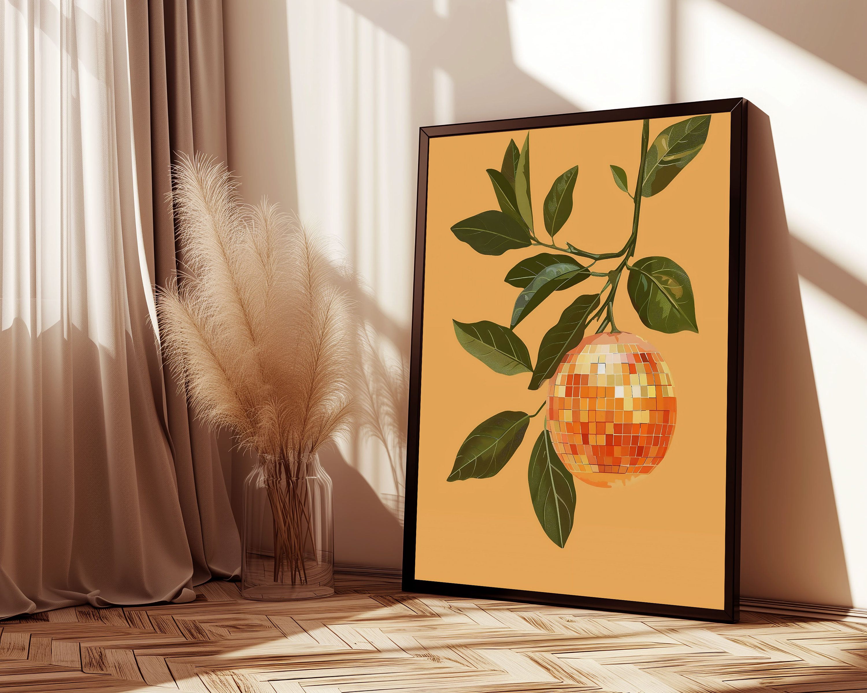 Orange Disco Ball Trendy Wall Art, Mirror Ball Poster, Bar Cart Print ...