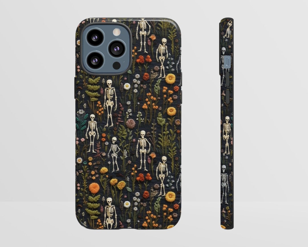 Mini Skeletons in Mystique Garden Phone Case | 3D Embroidery Dark ...