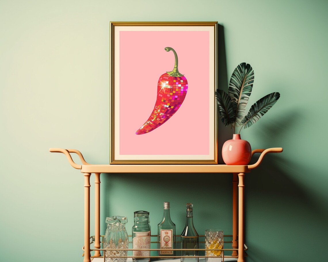 Chilli Disco Ball Trendy Kitchen Decor, Retro Food Wall Art, Chili ...
