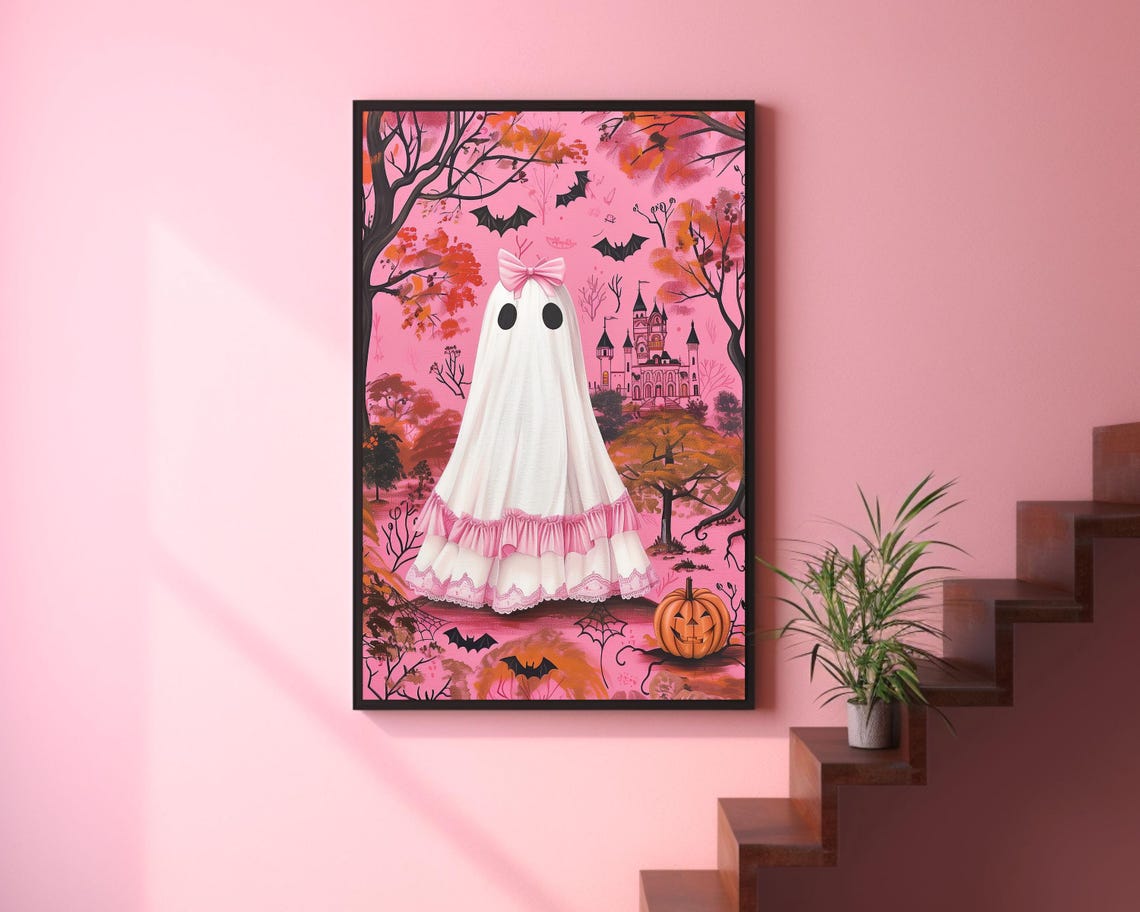 Coquette Ghost | Pink Halloween Wall Art, Pink Bow Ghost Print, Cute ...