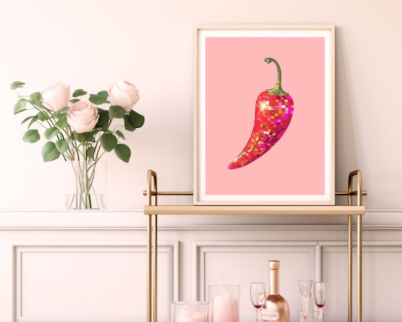 Chilli Disco Ball | Trendy Kitchen Decor, Retro Food Wall Art, Chili ...