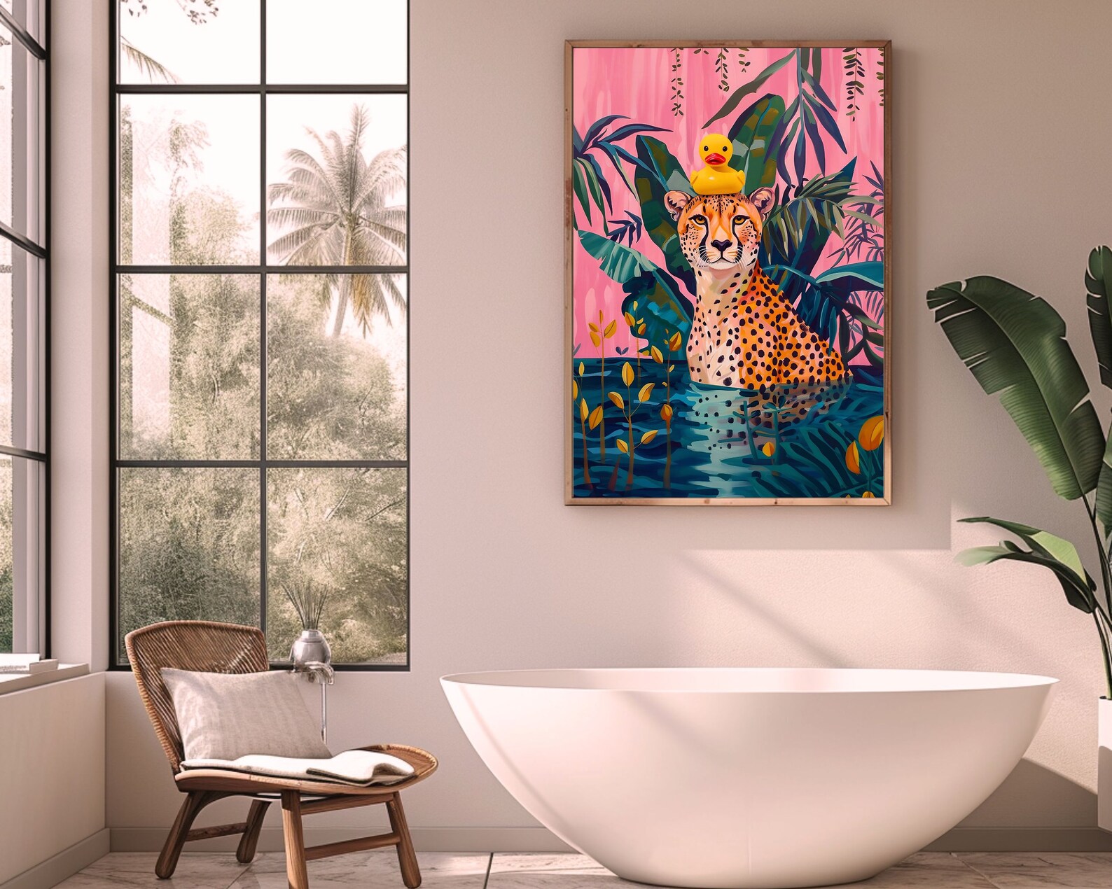 Cheetah in Bath | Rubber Duck Orange Pink Bathroom Print, Maximalist ...
