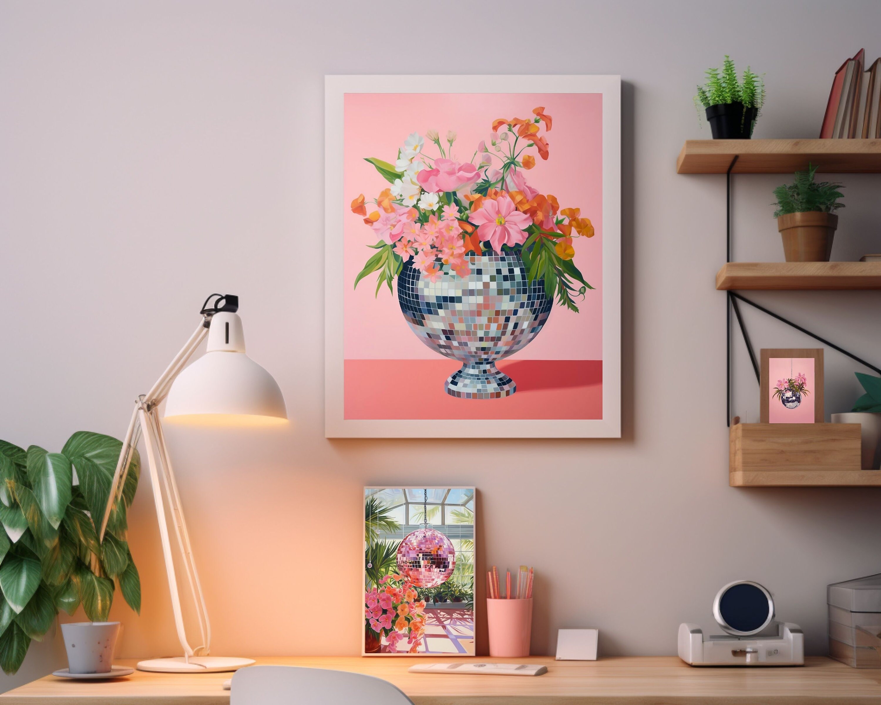 Disco Ball Flower Vase Preppy Wall Art, Pink Mirror Ball Poster, Groovy ...
