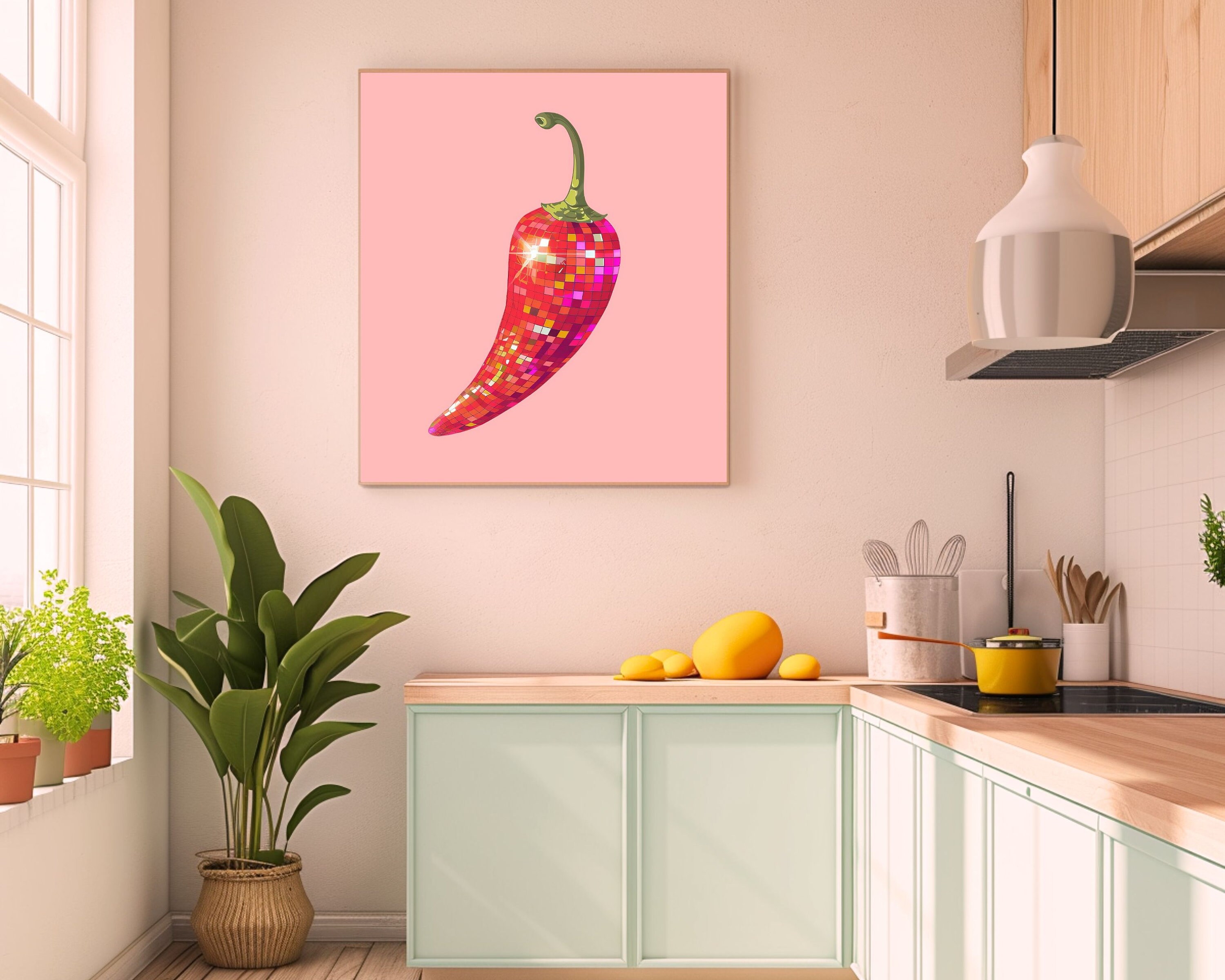 Chilli Disco Ball | Trendy Kitchen Decor, Retro Food Wall Art, Chili ...